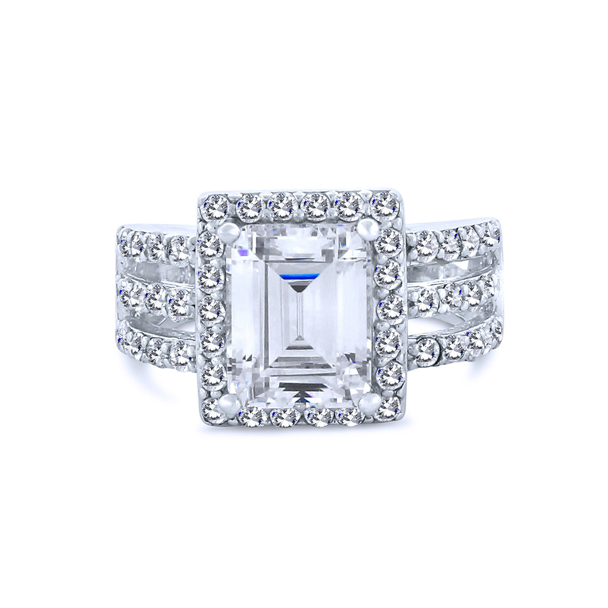 6K Emerald Cut Halo Chandi Diamond Ring w/ Triple Band - Bobby Schandra