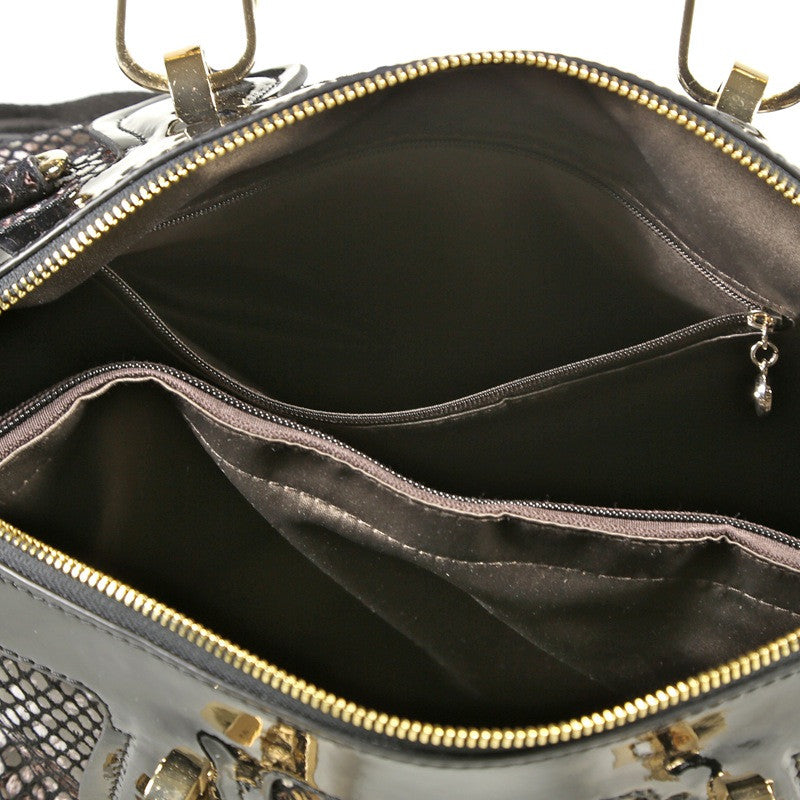 Black & Brown Patent Leather Snake Print Satchel by Bobby Schandra