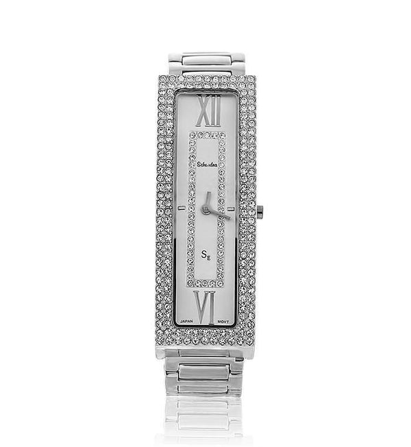 Silver Long Rectangle Swarovski Crystal Pearl Face Designer Watch ...